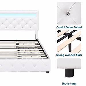 Keyluv Queen Upholstered LED Bed Frame with 4 Storage Drawers and Adjustable Crystal Button Tufted Headboard, Platform Bed with Solid Wooden Slats Support, No Box Spring Needed, White