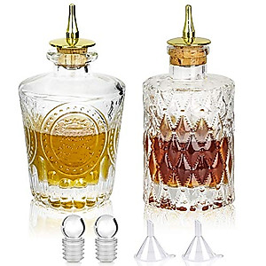 SuproBarware Bitters Bottle Set of 2，Glass Dasher Bottle, Decorative Bottle for Cocktail with Gold Dash Top