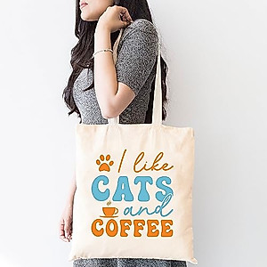 TSIIUO Women's I Like Cats and Coffee Canvas Tote Bag Cute Graphic Pet Lover Gift Funny Caffeine Reusable Shopping Bag White