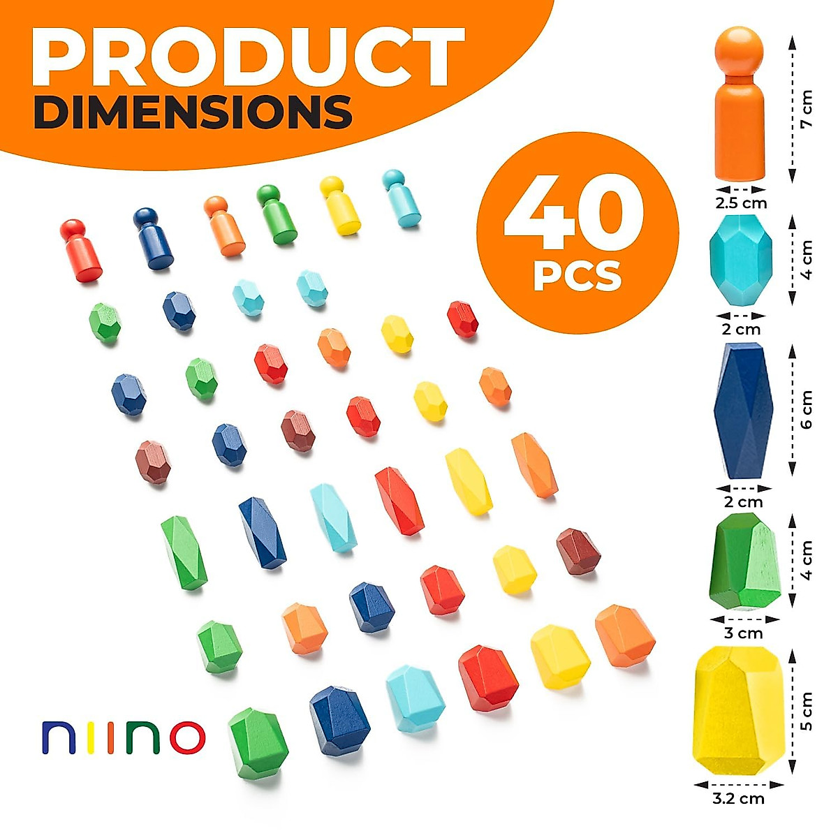 Niino 16 Pcs Wooden Blocks-Wooden Stone Balancing Blocks- Wooden Stacking Toys-Wooden Stones Building Blocks-Stacking Rocks-Colorful Natural Rainbow Stacking Sensory Toy… (20, Multicolor)