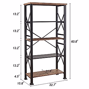 HOMBAZAAR Bookshelf, 5-Tier Industrial Bookshelves, Wood and Metal Bookcase,Free Standing Storage Small Modern Bookshelf for Living Room, Bedroom and Home Office，Brown