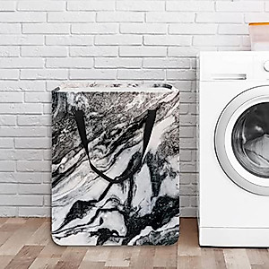 Gray and Black Marble Slab Print Collapsible Laundry Hamper, 60L Waterproof Laundry Baskets Washing Bin Clothes Toys Storage for Dorm Bathroom Bedroom