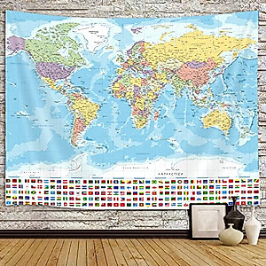 World Map Tapestry Wall Hanging, Map of The World with National Educational Wall Tapestries Room Decor, Boys Girls Kids Map Wall Tapestry for Bedroom Living Room Office Classroom (60X40")