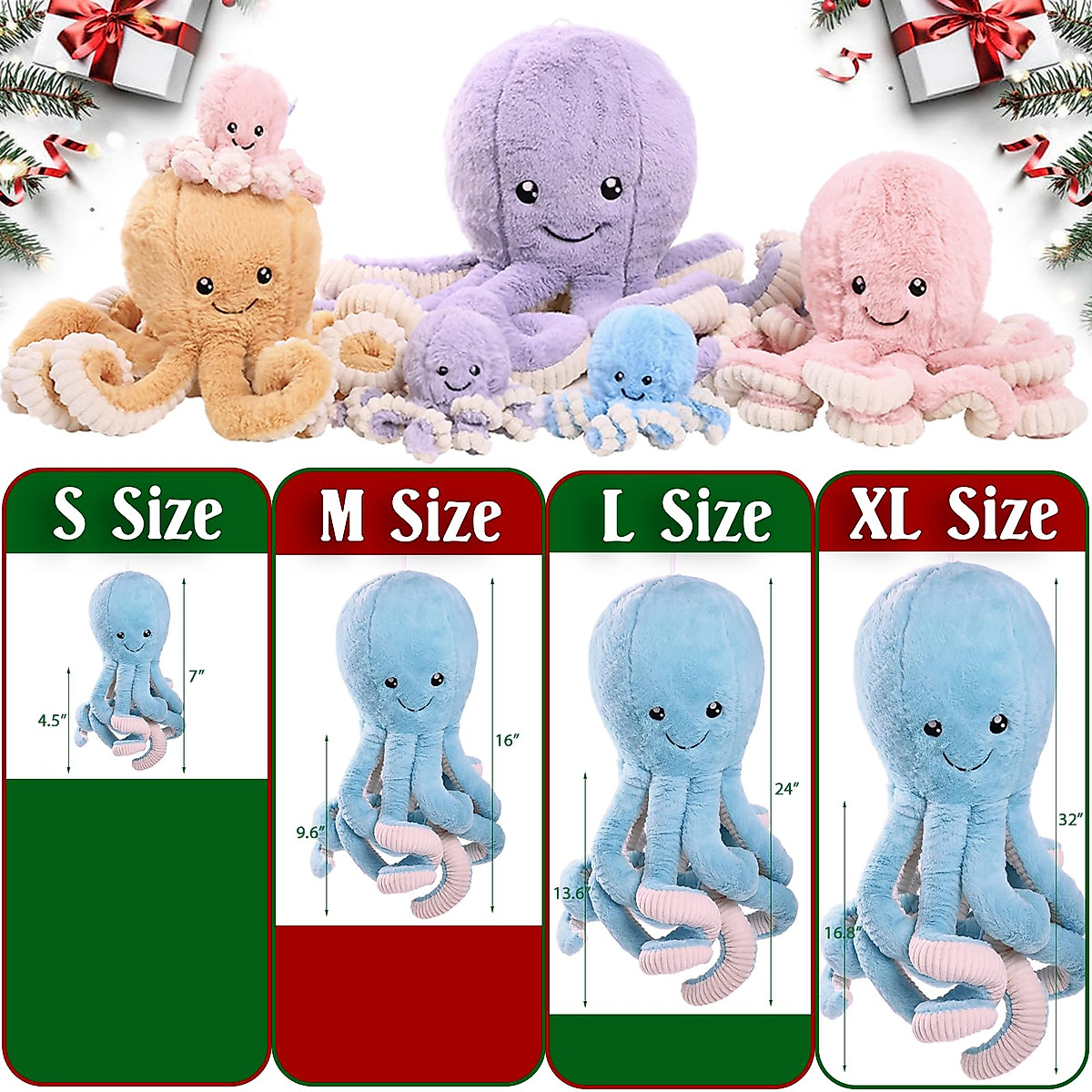 DENTRUN Octopus Stuffed Animals, Giant Octopus Plush Doll Play Toys for Kids Girls Boys Adults Birthday Xmas Halloween Present Stuffed Sea Animals Plushie, 7/16/24/32 Inches, 5 Colors