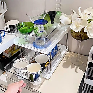 Ruishetop Stackable Under Sink Cabinet Organizer, Multi-Purpose 2 Tier Drawers Sliding Cabinet Basket Organizer Drawer with Handle for Home Kitchen Bathroom Office