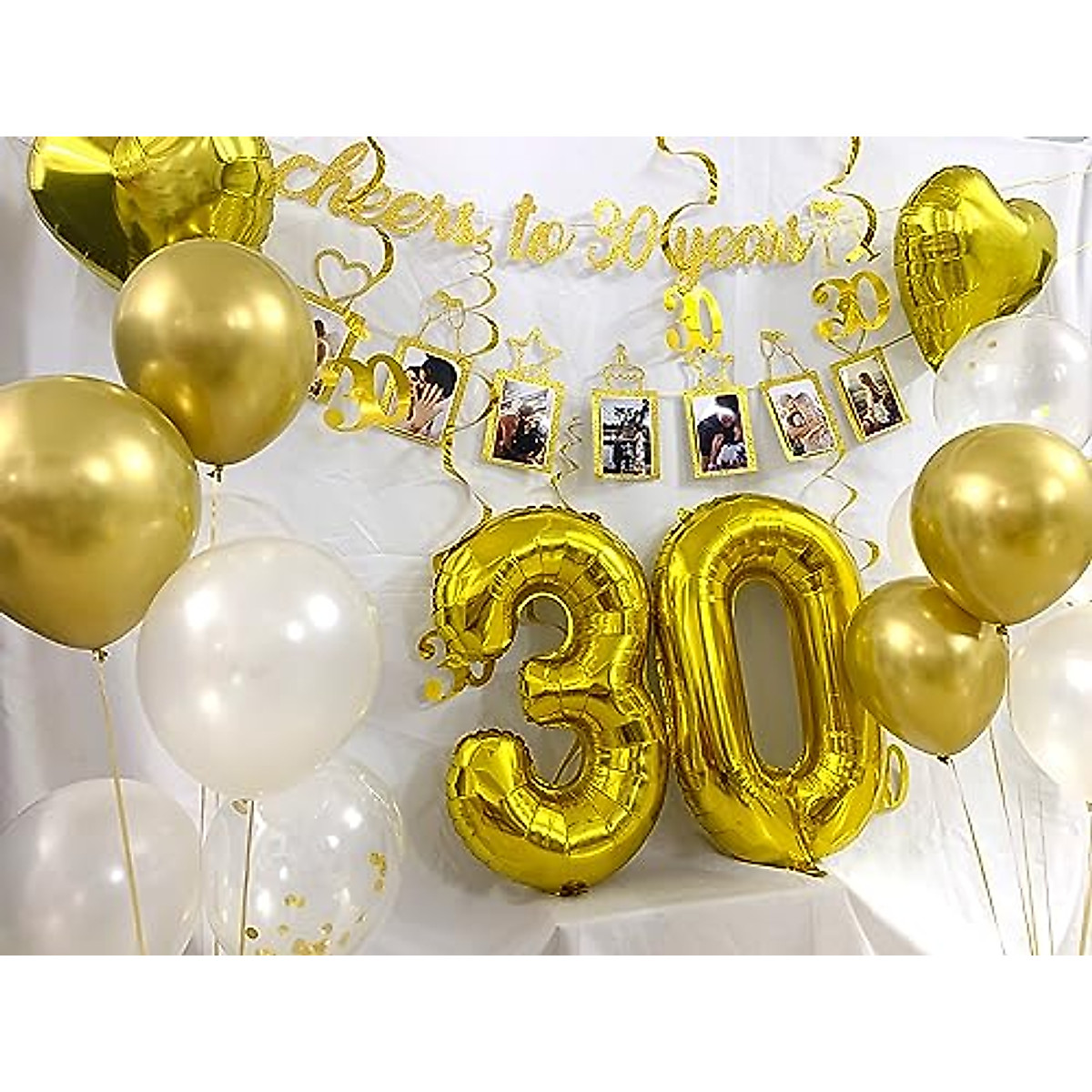 30th Anniversary and Birthday Decorations Party Supplies Set of Cheers to 30 Years Photo Banner and Balloons,Hanging Swirls for 30 year Anniversary,Birthday decor(Gold)
