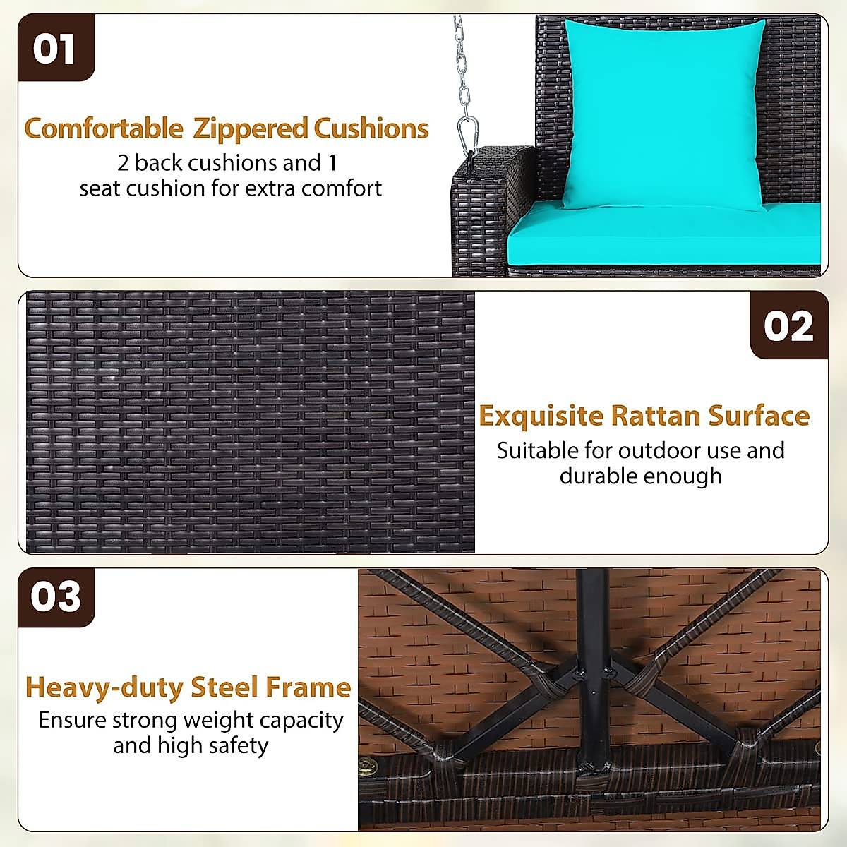 UJOYPAYD Hanging Porch Swing Bench,Heavy Duty 800 LBS 2-Person Rattan Swing Chair with Soft Cushions,Metal Frame Wicker Swing Bench,7.9ft Reinforced Steel Chain for Deck, Backyard, Garden (Turquoise)