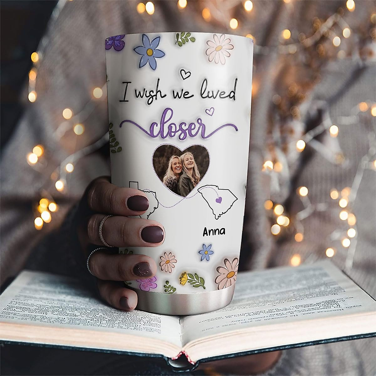 Wrappiness I Wish We Lived Closer Tumbler - Personalized 3D Inflated Effect 20Oz Tumbler Long Distance Friendship Gift, Custom Photo State to State Mug Gifts for Sister Best Friend Bestie (A02)