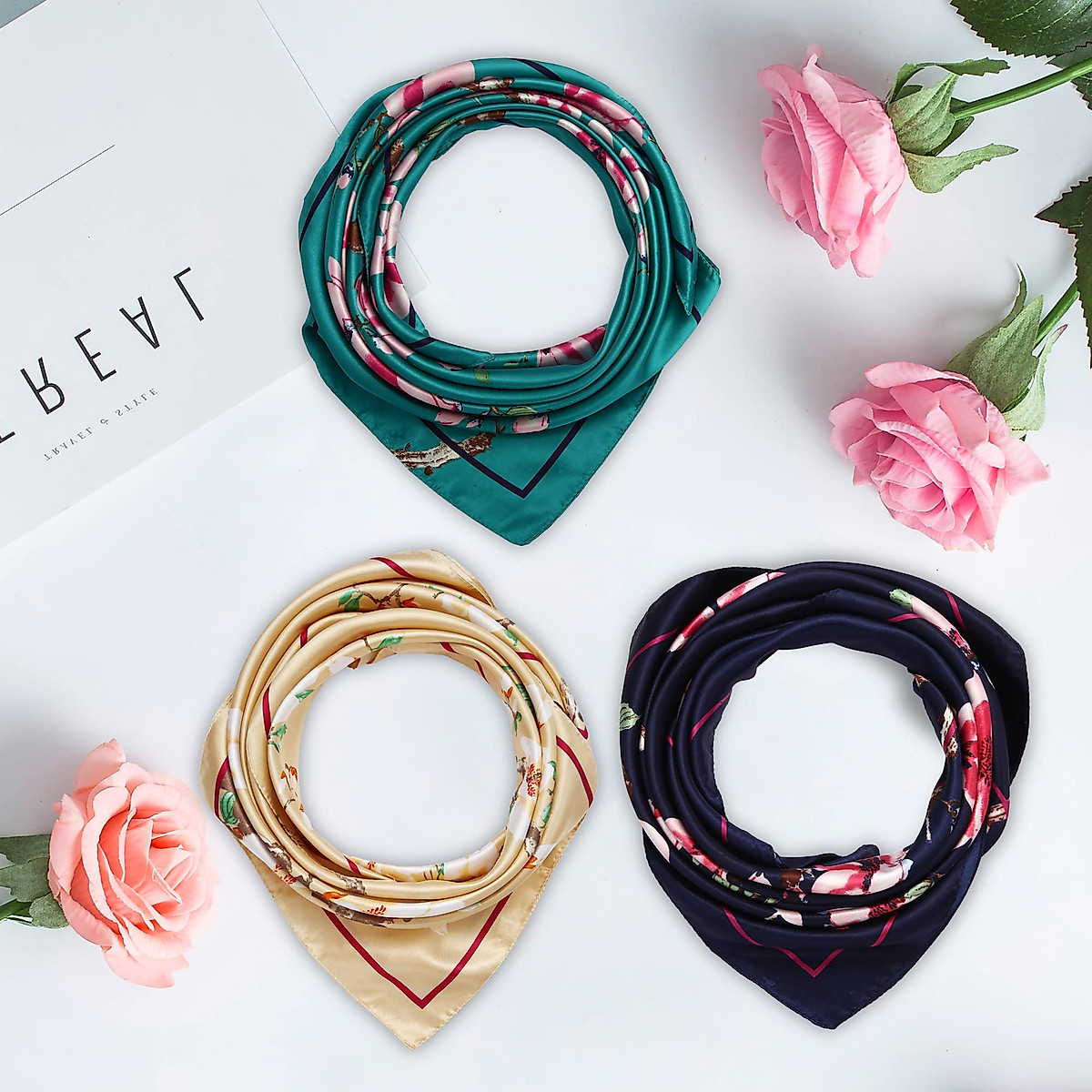 DOOBO Silk Scarf - 3 Pcs 35 Inches Polyester Satin Head Scarf for Women - Aquamarine, Navy, Khaki