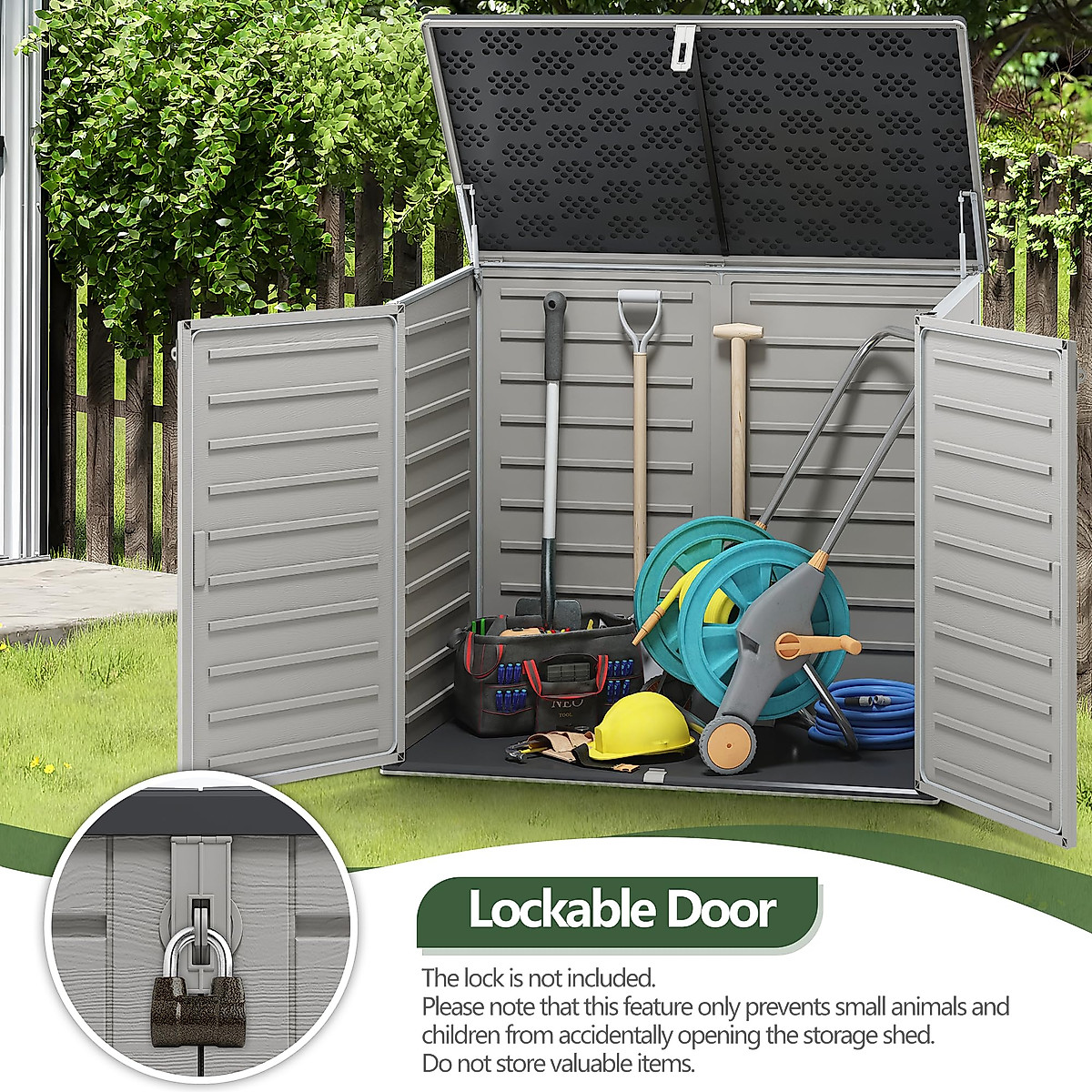 4.6 x 4.1 FT Outdoor Storage Horizontal Resin Shed,49.5 Cu Ft Large Trash Garbage Can Shed,Weather Proof Water Proof PP Material,Hydraulic Rod,Lockable Door,for Patio Storage