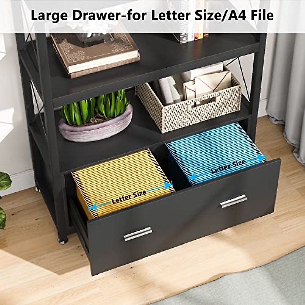 File Cabinet with Drawer, Vertical Lateral Filing Cabinet, Free Standing Storage Cabinet, Letter Size/A4 Size File Cabinet with Storage Shelves for Home Office, Black