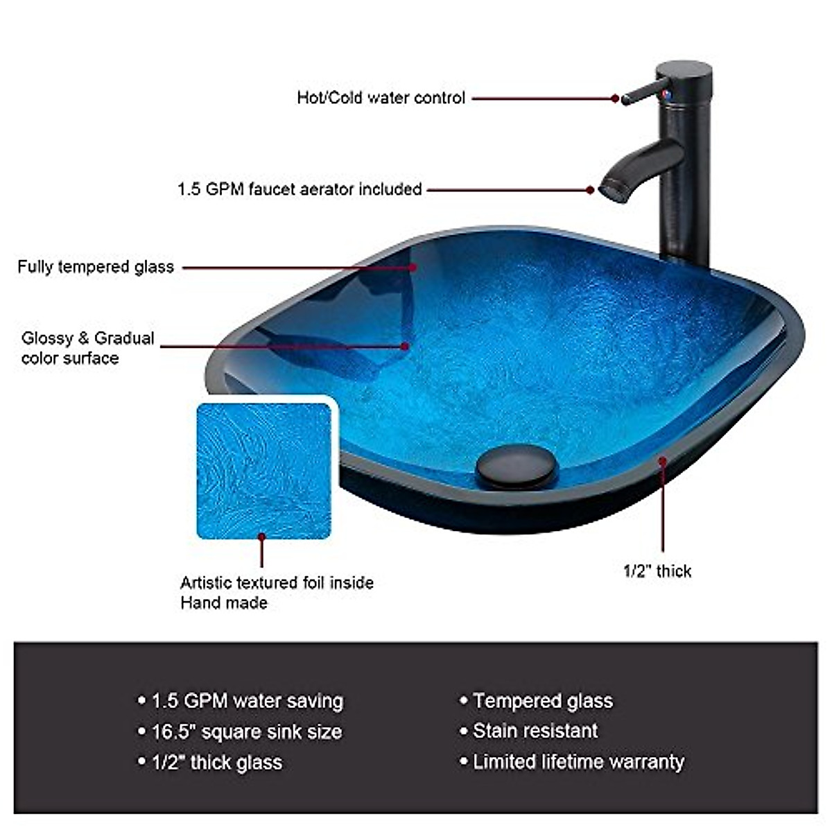 eclife 24" Bathroom Vanity Sink Combo White Cabinet Ocean Blue Square Tempered Glass Vessel Sink & 1.5 GPM Water Save ORB Faucet Solid Brass Pop Up Drain,with Mirror (Ocean Blue Square Sink A04B02W)