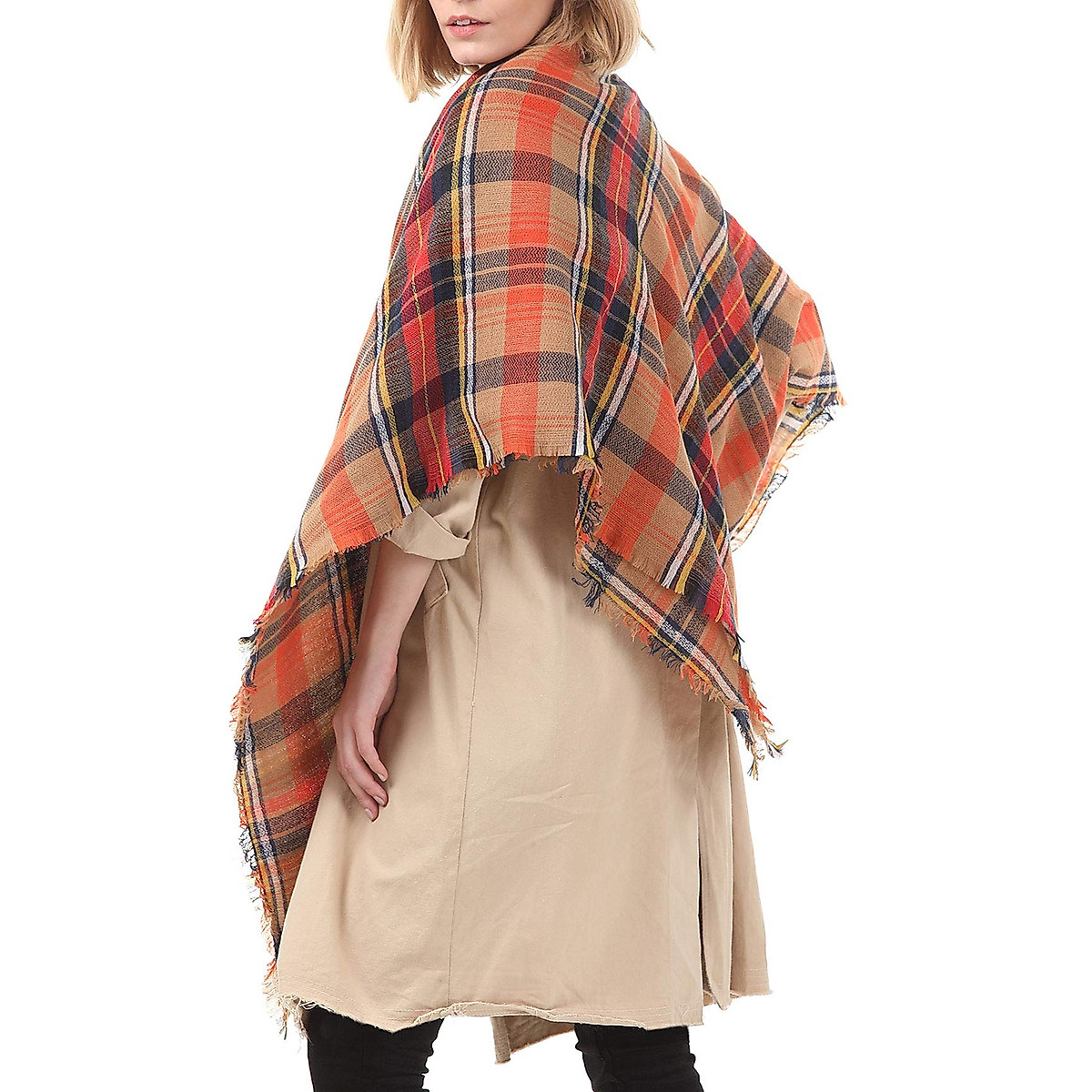 Trendy Women's Cozy Warm Winter Fall Blanket Scarf Stylish Soft Chunky Checked Giant Scarves Shawl Cape Orange