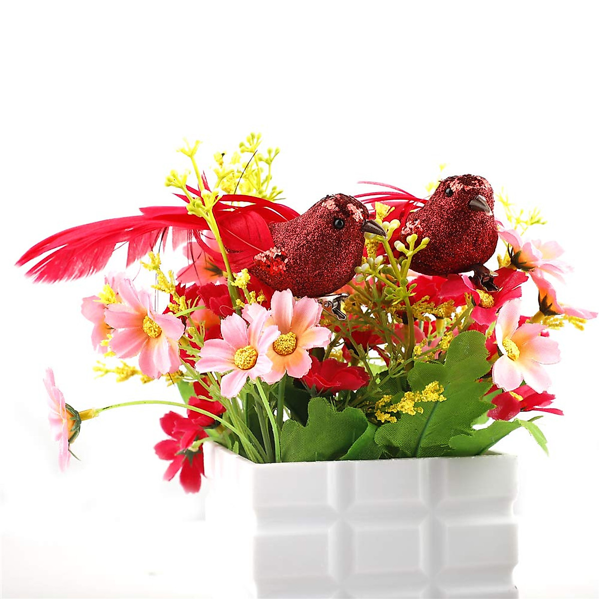 WDDH 12Pcs Artificial Christmas Cardinal Birds, 6inch Glitter Mini Foam Red Christmas Birds with Long Tail Feather, Clip-on Christmas Tree Ornament Small Bird Figurine for Home Garden Wedding Decor