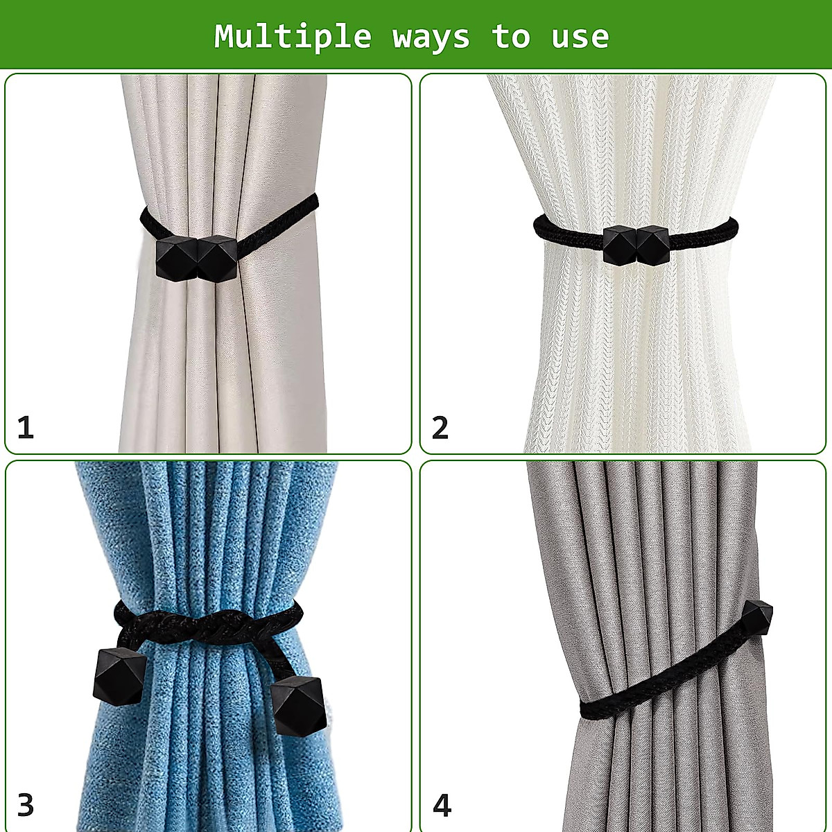 CWJCYTNSN Magnetic Curtain Tiebacks 4 Pack, 16 Inch Outdoor Curtain Tie Backs for Drapes, Modern Curtain Ties for Sheer,Decorative Twist Curtain Holders for Blackout Sheer Window Treatment