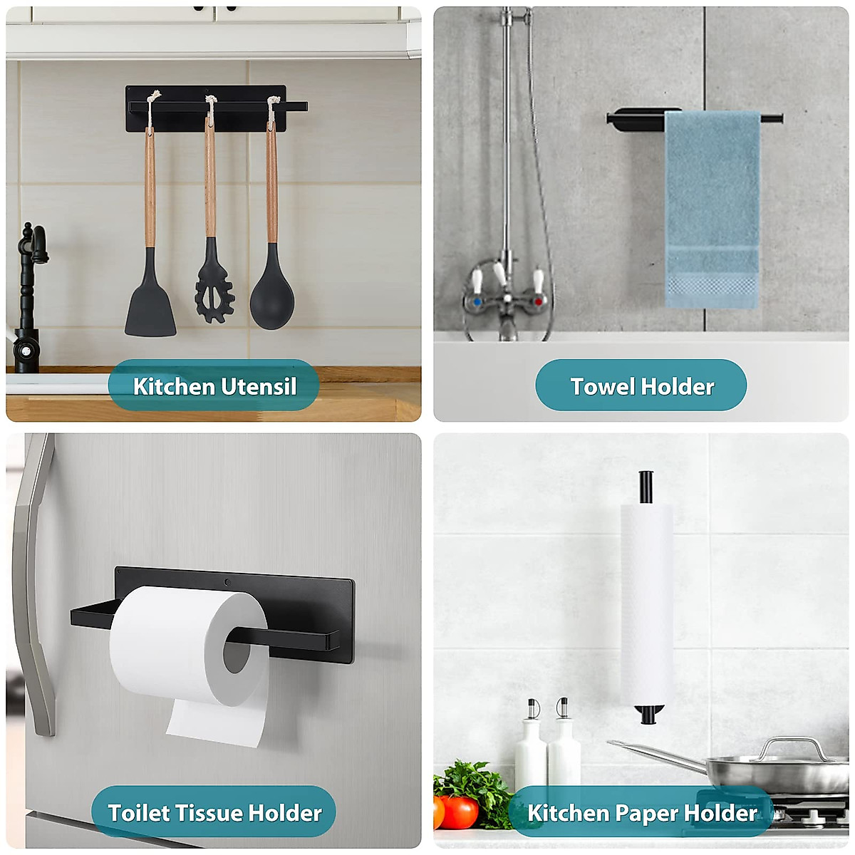 ABQ Paper Towel Holder Under Cabinet 2 Pack, Self Adhesive and Magnetic Paper Towel Holder Wall Mount, Towel Bar for Kitchen Bathroom RV Refrigerator, Black