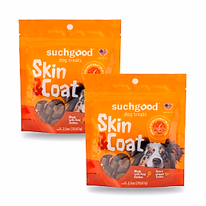 SuchGood Skin and Coat Dog Treats - 70 Count Advanced Omega Skin and Coat Support Chews for All Breed Sizes, Premium Salmon and Flaxseed Oil for Dogs - (Chicken Flavor, 2 Pack)