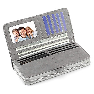 HAWEE Wristlet Wallet Long for Women Multi Card Holder Hand Phone Purse with Strap, Grey