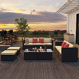 Aiho Outdoor Patio Sectional Furniture Sets All Weather Outdoor Sectional Sofa PE Garden Furniture Wicker Rattan Patio Conversation Set with Glass Table (Beige)