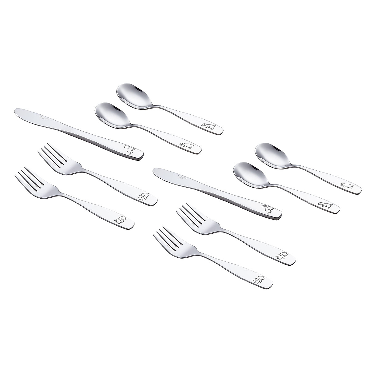 ANNOVA Kids Silverware 10 Pieces Children's Safe Flatware Set Stainless Steel - 4 x Forks, 4 x Dinner Spoons, 2 x Safe Knife Toddler Utensils, Metal Cutlery for Lunchbox (Engraved Dinosaurs)