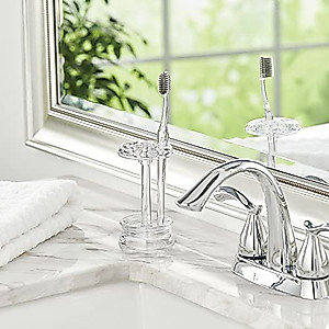mDesign Plastic Bathroom Vanity Countertop Accessory Set - Includes Refillable Soap Dispenser, Divided Toothbrush Stand, Tumbler Rinsing Cup, Soap Dish - 4 Pieces - Clear