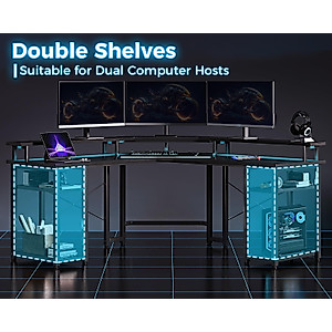 Coleshome L Shaped Gaming Desk with LED Lights & Power Outlets, Reversible 56" Computer Desk with Full Monitor Stand & Storage Shelves, Ergonomic Home Office Corner Desk, Black