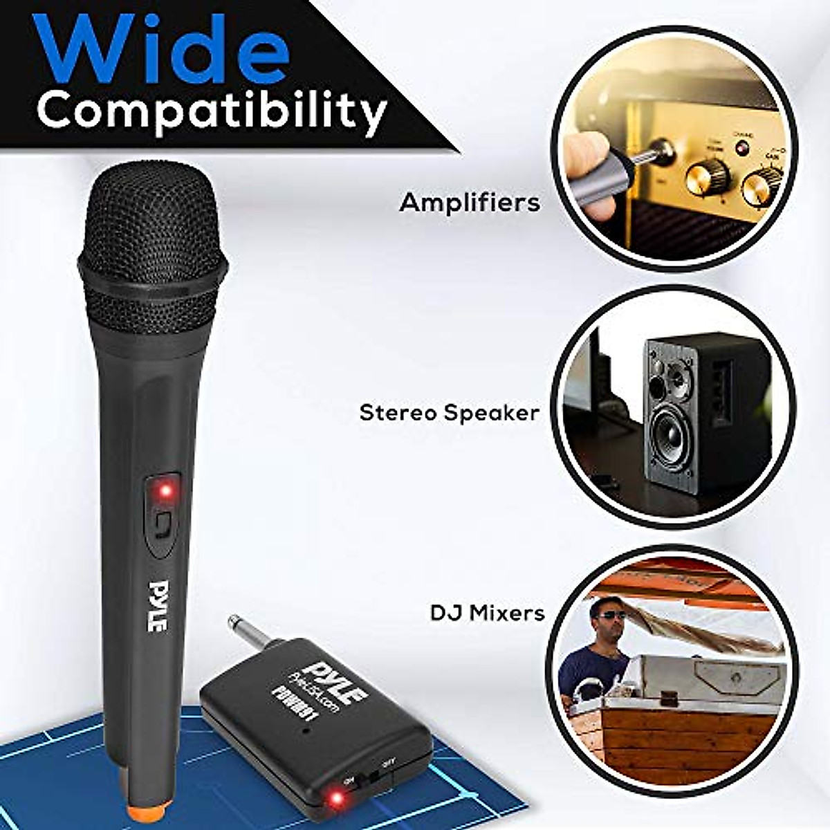 Pyle Portable VHF Wireless Microphone System - Professional Battery Operated Handheld Dynamic Unidirectional Cordless Microphone Transmitter Set W/Adapter Receiver, for PA Karaoke DJ Party, Black