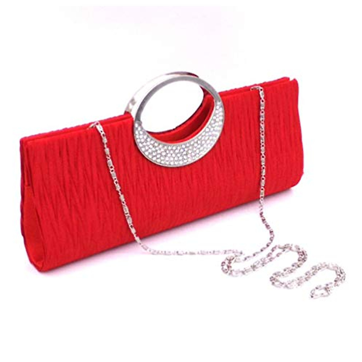 TOPCHANCES Women's Evening Party Rhinestone Satin Pleated Evening Wedding Party Clutch Purse Wallet Handbag (Red)