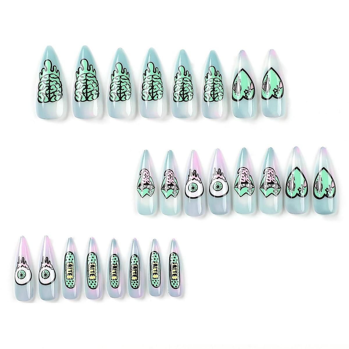 Halloween Stiletto Press on Nails Medium，Green Fake Nails Gradient False Nails with Eyeball Love Wound Lips Tongue Brain Styptic Halloween Designs Acrylic Nails Glossy Artificial Nails for Women 24Pcs