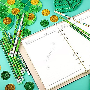 ADXCO 36 Pieces St Patrick's Day Pencils Green Shamrock Pencils with Erasers and Pencil Bucket Irish Pencils for St. Patrick's Party Favors Supplies, School, Classroom, 12 Styles