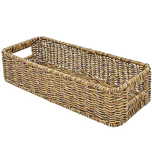 Rattan Storage Basket Kitchen Utensil Holder Woven Rectangular Cutlery Storage Basket Silverware Tray Natural Woven Flatware Organizer Tray Woven Cutlery Holder