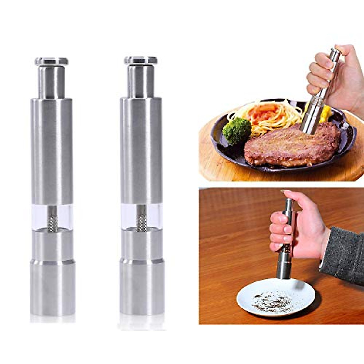 Salt and Pepper Grinder Set of 2,Stainless Steel Push Button Grinder Modern Design Thumb Grinder, for Black Pepper, Sea Salt and Himalayan Salt, Spice and Salt