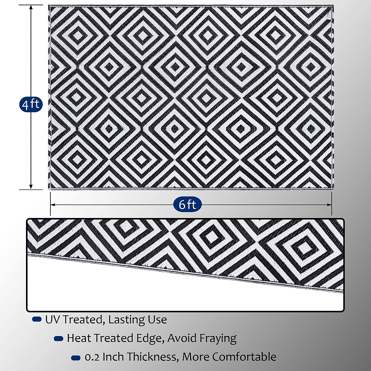 Ridota Reversible Mats for Outdoor Patio, Plastic Straw Modern Area Rug, Floor Mat for RV, Backyard, Deck, Picnic, Beach, Trailer, Camping (Diamond Black & White, 4' x 6')