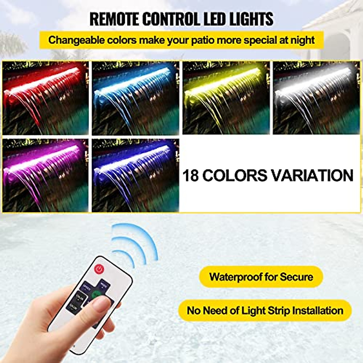 VEVOR Pool Fountain Stainless Steel Pool Waterfall 35.4" x 4.5" x 3.1"(W x D x H) with LED Strip Light Waterfall Spillway with Pipe Connector Rectangular Garden Outdoor