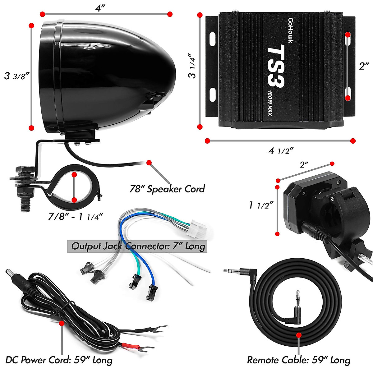 GoHawk TS3 Gen.3 Motorcycle Weatherproof Bluetooth Speakers 7/8-1.25 in. Handlebar Mount MP3 Music Player Sound Audio Stereo Amplifier System ATV UTV w/AUX, USB, Micro SD, FM Radio, 2-Speaker