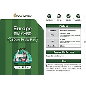 Snail Mobile Europe Travel/Holiday 28 Days Plan SIM Card Unlimited 4G LTE Internet Date in 30+ Countries in Europe(Universal SIM Card Pack)