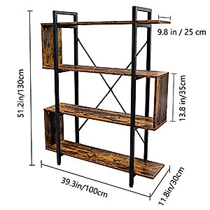 Becko US Bookshelf Vintage Industrial Bookcase 4 Tier S Shaped Display Book Shelves Storage Rack Shelves Z Shaped Shelges for Bedroom Home Office Living Room Entryway Hallway (Rustic Brown)