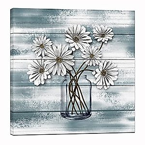 Nachic Wall Bathroom Flower Wall Art Vintage Daisy Floral with Teal Wood Background Painting Canvas Decorative Floral Artwork Giclee Print Picture for Farmhouse Kitchens Ready to Hang 24x24 Inch