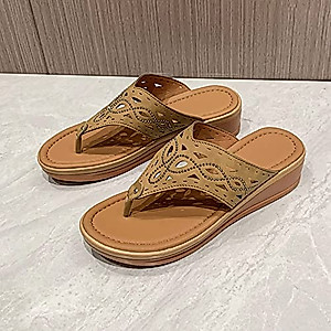 Ladies Fashion Summer Solid Leather Rhinestone Decorative Clamping Toe Slope Heel Casual Sandals for Women Wide Width (Brown, 8)