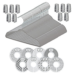 Babyrish Velvet Baby Hangers 30 Pack, Ultra Thin Nonslip Nursery Clothes Hangers with 8pcs Cute Clothing Dividers and 10pcs Hanger Clips for Kids Baby Boys & Girls Closet Organizer, Grey