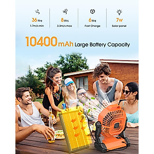 10400mAh Solar Fan, Camping Fan with Solar Panel, 7W 9-Inch Rechargeable Battery Operated Fan for Outside, LED Lantern, Stepless Speed and Quiet Battery Powered Solar Tent Fan for Tent,Outdoor, Office