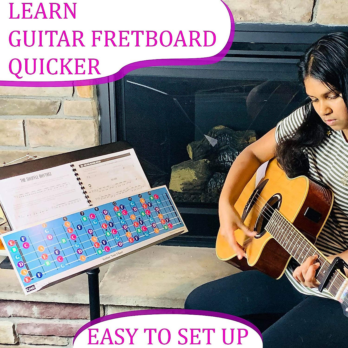 QMG Color Coded Guitar Fretboard Note Chart, Learn to Play Guitar and Music Theory, Suitable for all