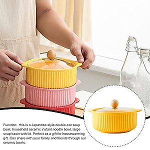 LIFKOME Ceramic Soup Bowl With Handles And Lid Ceramic Serving Bowl Set for Soup Instant Noodles Soup Mug Modern Simple Style Cereal Bowl Table Decoration Yellow
