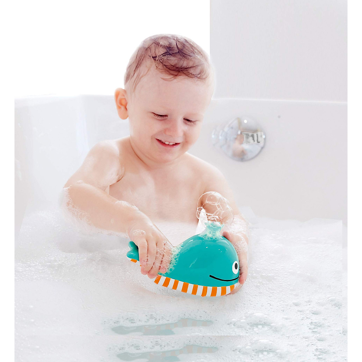 Hape Bubble Blowing Whale | Baby Squirt Toy for Bath Time Play, Blue, L: 5.7, W: 3.5, H: 3.5 inch