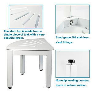 NNN 12" White Teak Shower Stool/Teak Shower Foot Rest/Shower Stool for Shaving Legs/Teak Shower Bench/Shower Stool for Inside Shower/White Corner Shower Stool, Suitable for Small Shower Spaces.