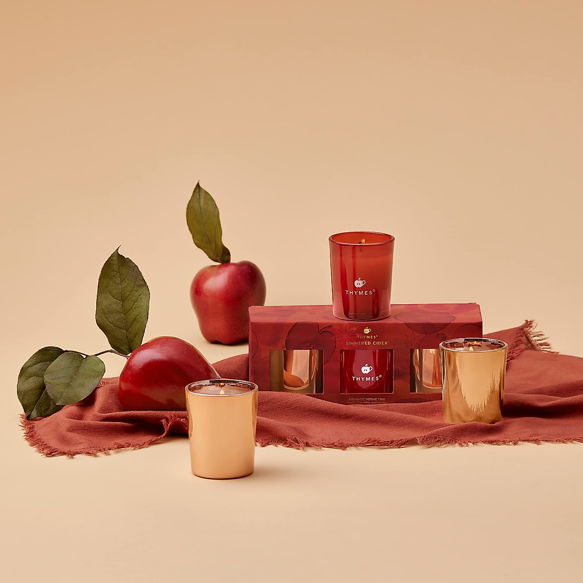 Thymes Simmered Cider Aromatic Votive Trio - Set of Three Votive Candles - Scented Candles with Notes of Freshly Pressed Apple, Crushed Clove, and Cardamom - Luxury Home Fragrance (2 oz Each)