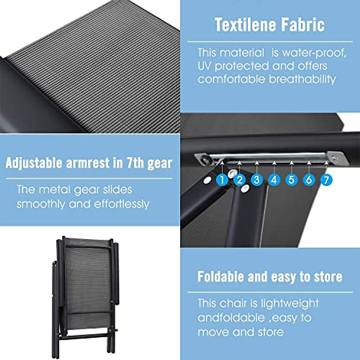 MFSTUDIO Outdoor Dining Set for 4, Aluminum Height Adjustable Folding Chair and Heavy-Duty Black Slat Metal Table, Patio Furniture Dining Table Set, Black