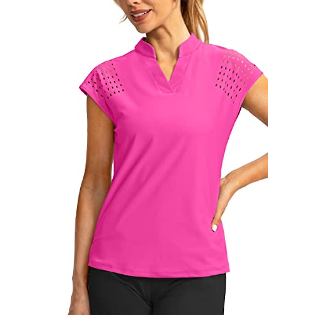 Soothfeel Women's Golf Shirt Cap Sleeve V Neck Polo Shirts Lightweight Quick Dry Workout Tennis Shirts Tops for Women(Rose, Large)