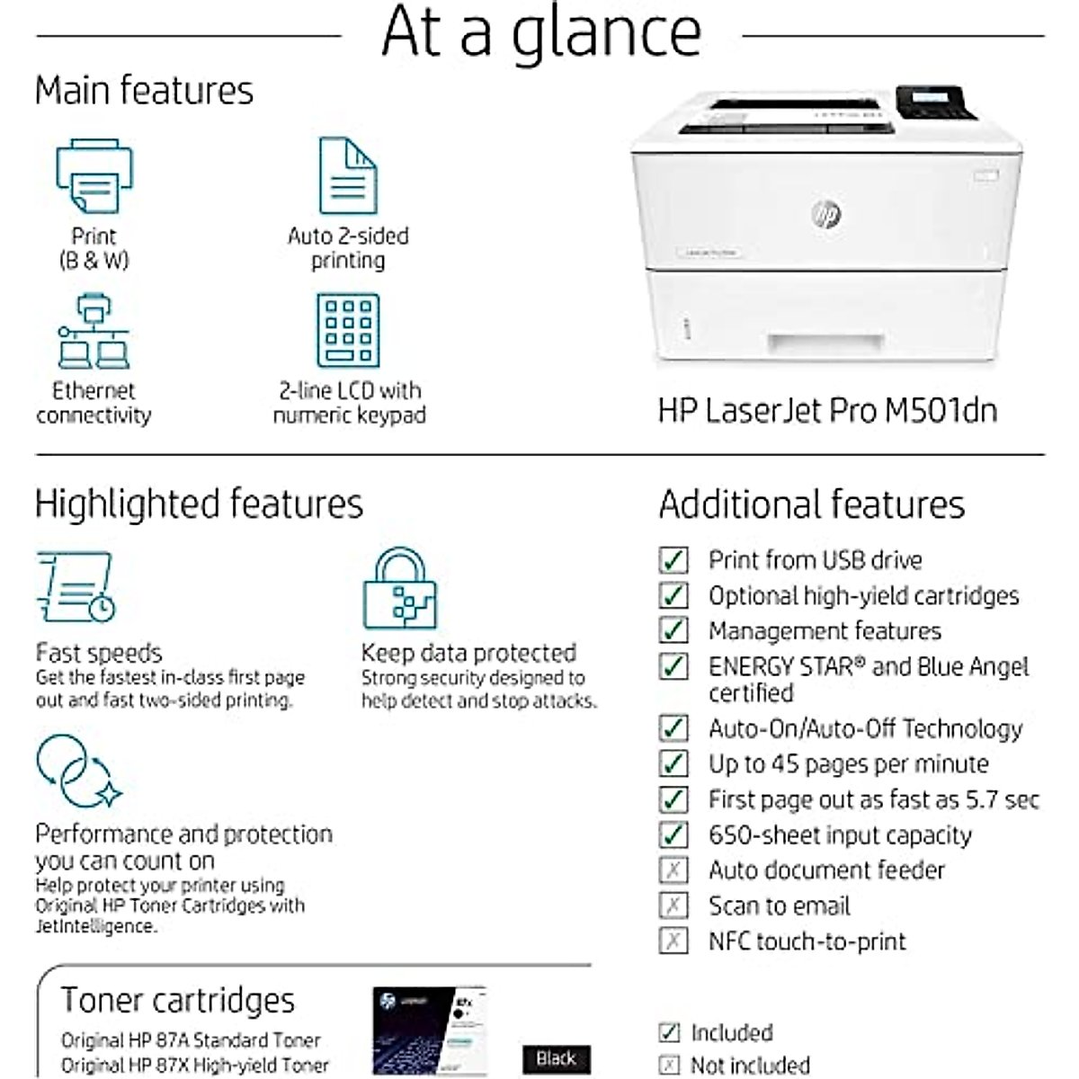 HP Laserjet Pro M501dn Monochrome Laserjet Printer, Automatic 2-Sided Printing, 2-line LCD Display, 650-Sheet, 45 ppm, Built-in Ethernet and USB, Auto-On/Auto-Off, Bundle with JAWFOAL Printer Cable