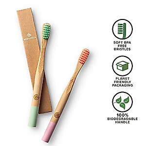GREENZLA Kids Bamboo Toothbrushes (6 Pack) BPA Free Soft Bristles Eco-Friendly, Natural Toothbrush Set Biodegradable & Compostable Charcoal Wooden